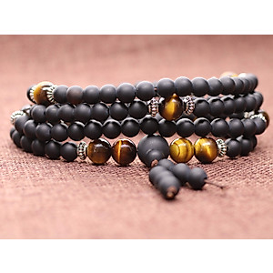 AmorWing Onyx Brown Tiger Eye 108 Mala Beads Wrap Bracelet Necklace