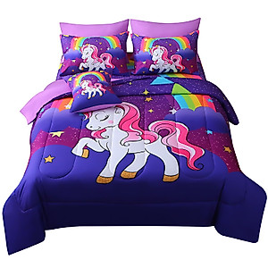 JQinHome Unicorn Twin Bedding Sets for Girls Kids,6 Piece Bed in A Bag 3D Purple Rainbow Theme Unicorn Comforter Set with Sheet Set(Rainbow)