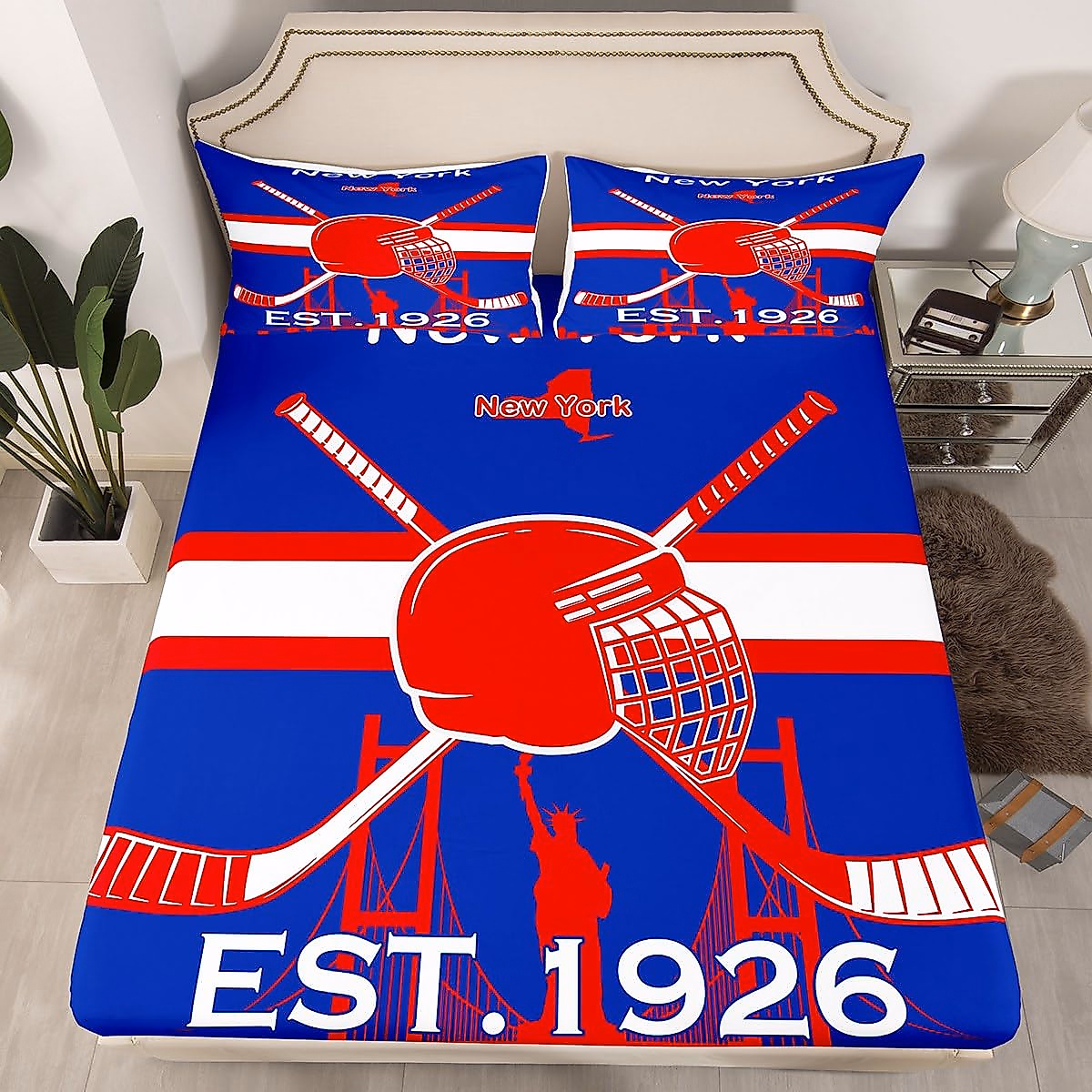 Erosebridal Ice Hockey Themed Bed Sheets Set for Twin Bed,Ice Hockey Fans Sheet Set for Boys,Ice Hockey Lovers Sheets,Red Blue Gray Flat Fitted Sheet with 1 Pillowcase(New York)