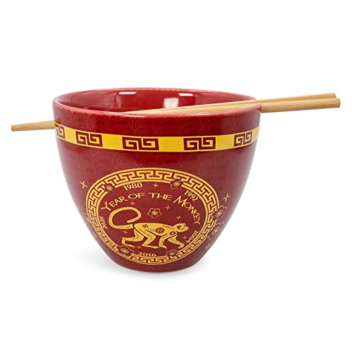 Boom Trendz Year Of The Monkey Chinese Zodiac Ceramic Dinnerware Set | Includes 16-Ounce Ramen Noodle Bowl and Wooden Chopsticks Asian Food Dish For Home & Kitchen Kawaii Lunar New Gifts red One Size