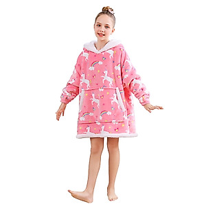Wearable Blanket Hoodie for Kids, Super Warm and Soft Sherpa Flannel Sweatshirt Blanket with Giant Pocket, Hooded Blanket for 6-10 Year Old Girls Gifts, Pink Unicorn