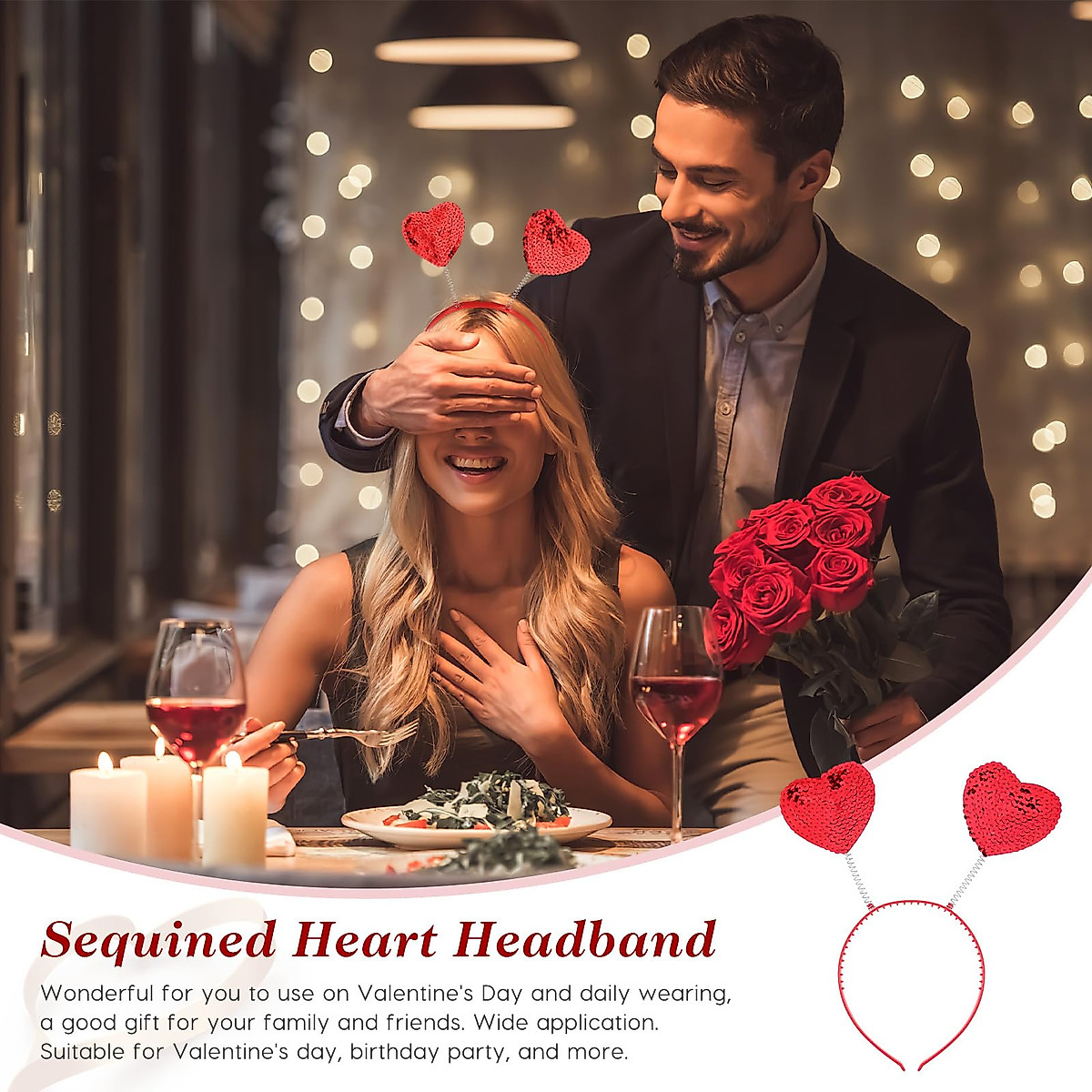 Lurrose Heart Headband Red Sequin Love-shaped Head Boppers Party Hair Accessoires for Holiday Festival