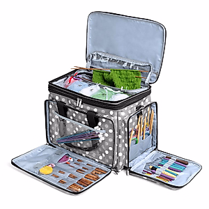 Luxja Knitting Bag, Yarn Bag with Cover and Shoulder Strap, Yarn Tote Bag for Carrying Projects, Knitting Needles (up to 14”), Circular Needles, Crochet Hooks and Other Accessories, Gray Dots