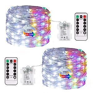 JMEXSUSS 2 Pack Color Changing Fairy Lights Battery Operated, Total 200 LED 66ft Color Changing Christmas Lights with Remote, 8 Modes Twinkle String Lights for Bedroom Decor, Cool White & Multicolor