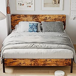 LIKIMIO King Size Bed Frame, Platform Bed Frame with Headboard and Strong Steel Slat Support, Easy Assembly, No Box Spring Needed, Vintage Brown