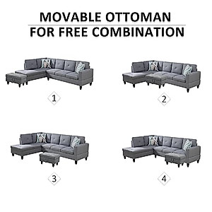 LostCat Sectional Sofa with Chaise, 97" W Modular Sectional Sofa, Modular Couch with Storage Ottoman, L Shaped Sofas & Couches, Linen U Shaped Sectional Couches for Living Room Furniture Sets, Grey