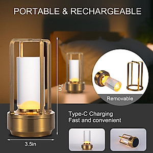 Cordless Portable LED Table Lamp， Rechargeable Battery Operated Desk Lamp with Touch Sensor (2600mAh), Three-Level Dimmable Suitable for Bars/Cafes/Restaurants/Bedrooms/Camping Sites (Gold)