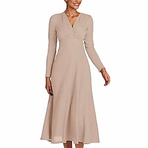 PRETTYGARDEN Women's 2024 Fall Midi Dress Casual Long Sleeve V Neck Cocktail Party A Line Flowy Dresses (Beige,X-Large)