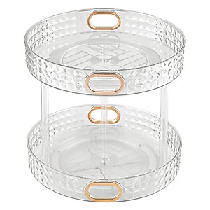 YEAVS 2 Tier Lazy Susan, 11 Inch Clear Turntable 360° Rotating Deep Spice Makeup Organizer, Plastic Cosmetic Holder Condiment Rack with Handle for Kitchen Cabinet, Countertop, Bathroom Storage