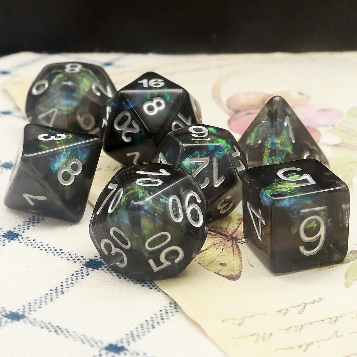 PJOY Clear Rainbow DND Dice Set 7PCS D&D Dice Iridescent Mylar Filled Resin Polyhedral RPG Game Dungeons and Dragons Gifts