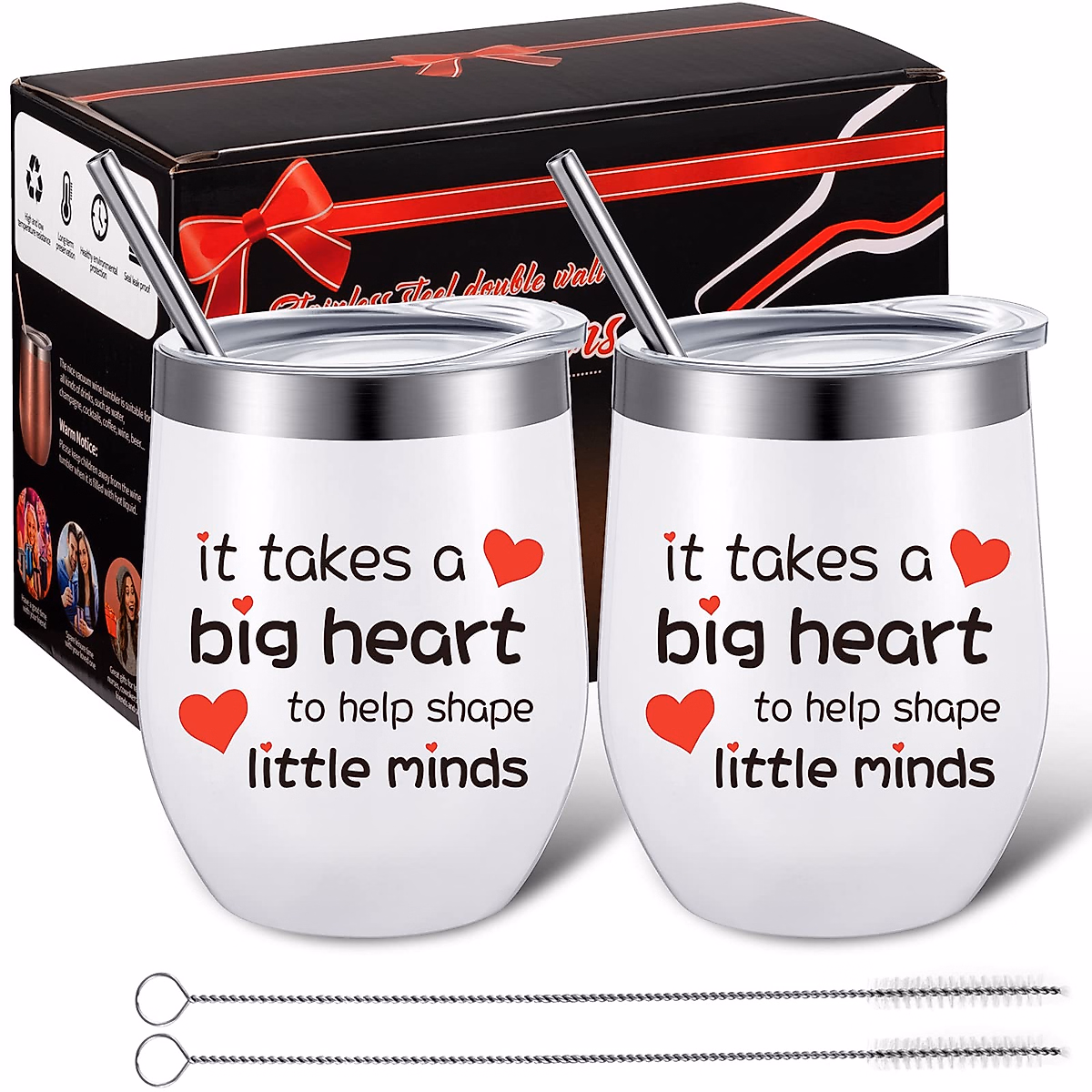 2 Pack Funny Teacher Appreciation Present, It Takes a Big Heart to Shape Little Minds, 12oz Double Wall Vacuum Teacher Cup with Lid Straw, Wine Glasses for Teacher (White and Black Words)