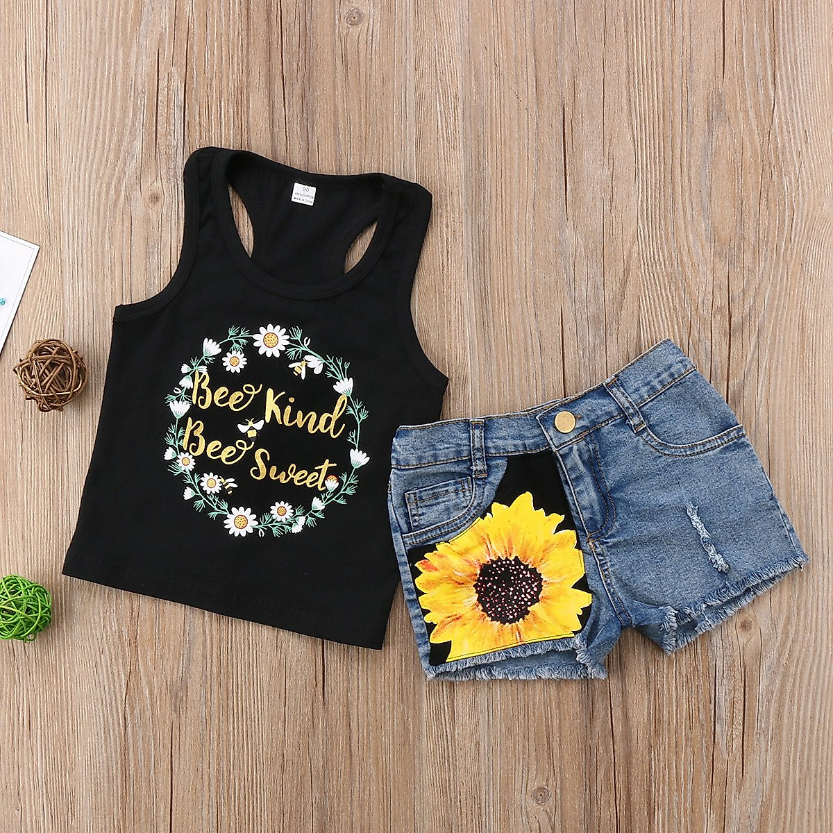 Honganda Fashion 2Pcs Toddler Kids Baby Girl Sunflower Outfits Sleeveless Tank Top+Denim Shorts Summer Clothes (Black, 4-5T)