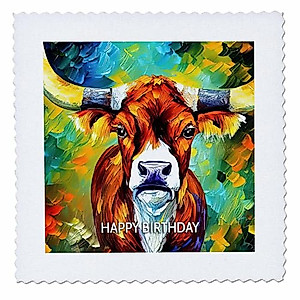 3dRose Happy Birthday. Digital Painting of a Longhorn Bull. Greeting... - Quilt Squares (qs-379179-5)