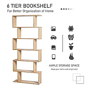 HOMCOM 75.5" H Bookcase 6 Shelf S-Shaped Bookshelf Wooden Storage Display Stand Shelf Organizer Free Standing Oak