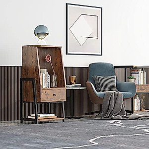 ALISENED Small Ladder Shelf with Drawer, 2 Tier Wood Narrow Bookcase&Nightstand, Storage Organizer Shelving Cabinet with Metal Frame for Bedroom, Library, Living Room, Home, Office, Rustis Brown