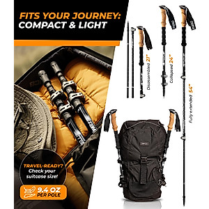 Foxelli Hiking Poles – Lightweight & Collapsible with Comfortable Cork Grips, Easily Adjustable for All Heights, Includes Carry Bag and Accessories