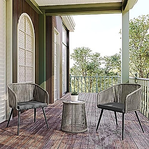 EAST OAK Breezeway Patio Furniture Set, 3-Piece Outside Bistro Set Handwoven Rattan Wicker Chairs with Waterproof Cushions, Tempered Glass Table, Outdoor Conversation Set, Light Grey & Dark Grey