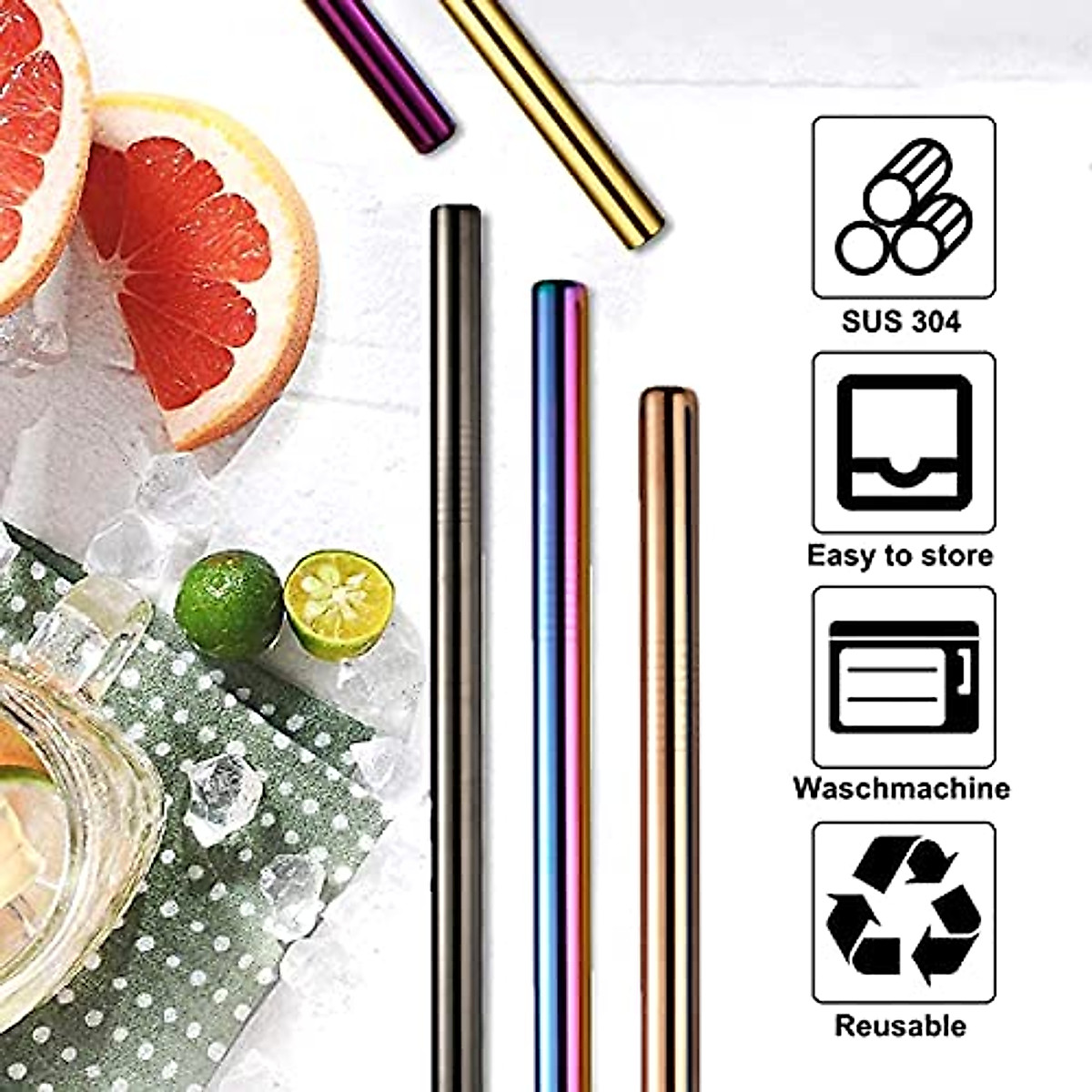 7 Pcs 8.5" Reusable Boba Drinking Straws 304 Stainless Steel Straws Set with 2 Cleaning Brushes Wide Metal Straw for Bubble Tea Milkshakes Smoothie Bar Accessory (Gold)