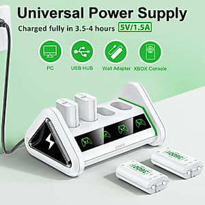 Rechargeable Battery Pack for Xbox One/Xbox Series X|S, 4 x 3600mWh Batteries Xbox One Controllers, Xbox Series Controller Batteries with Charger Station for Xbox One/One S|X/Elite, 1500mAh=3600mWh