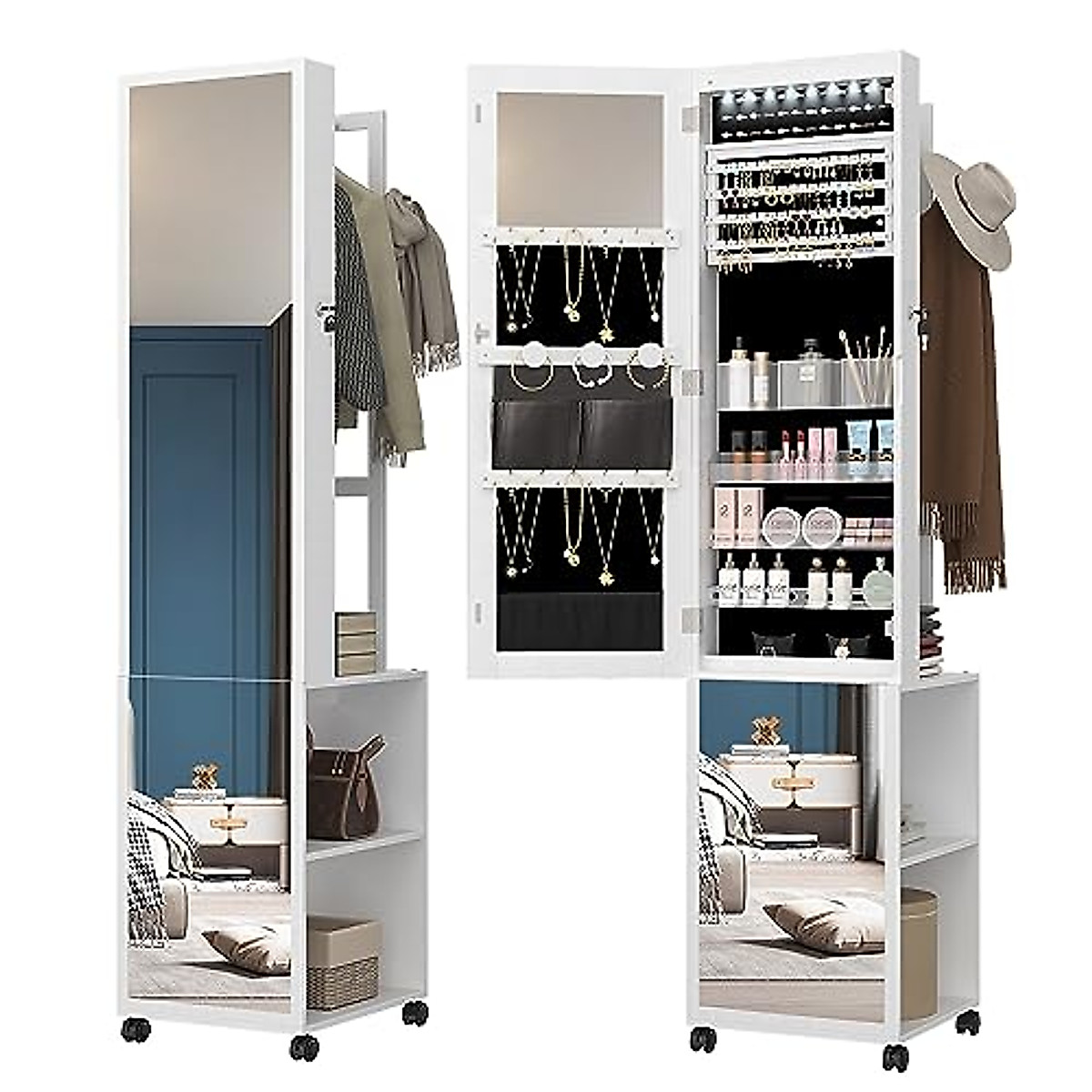Hzuaneri 8 LEDs Jewelry Cabinet Armoire, 64.8-inch Jewelry Organizer with 1 Garment Rack, Lockable Full-length Mirror with 4 Wheels, Storage Shelves with Hooks, 5-in-1 Multifunctional, White JC17003B