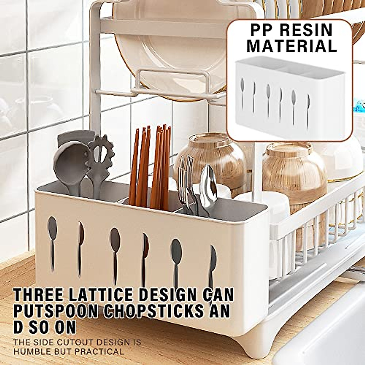 Alienustack Dish Drying Rack with Draining Plate, Dish Rack Cutlery Rack with Water Outlet, Stainless Steel Draining Rack for Kitchen Top - White