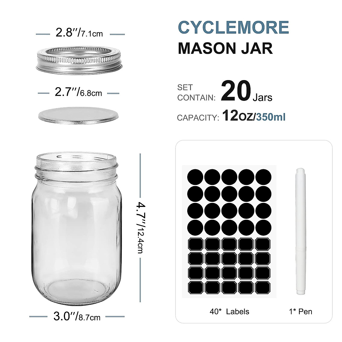 CycleMore 20 Pcs 12oz Mason Jars Glass Jars With Silver Separable Lids, 350ml Round Canning Jars Spice Jars for Honey, Jam, Herb, Wedding Favor, Kitchen Storage Wide Mouth Jars for Crafts, Meal Prep