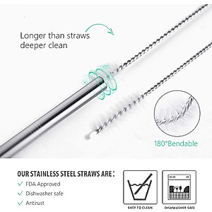 8 Piece 5/16 inch (8mm) Wide Bent Stainless Steel Straws for 40 oz Tumbler with Handle, 12 Inch Long Reusable Metal Drinking Straws, Replacement Straws with Silicone Tips & Cleaning Brush, Silver