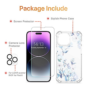 GVIEWIN Designed for iPhone 14 Pro Max Case, Screen Protector + Camera Lens Protector Flower Shockproof Clear Floral Design Protective Women Phone Cover for iPhone 14 ProMax (Hibiscus)