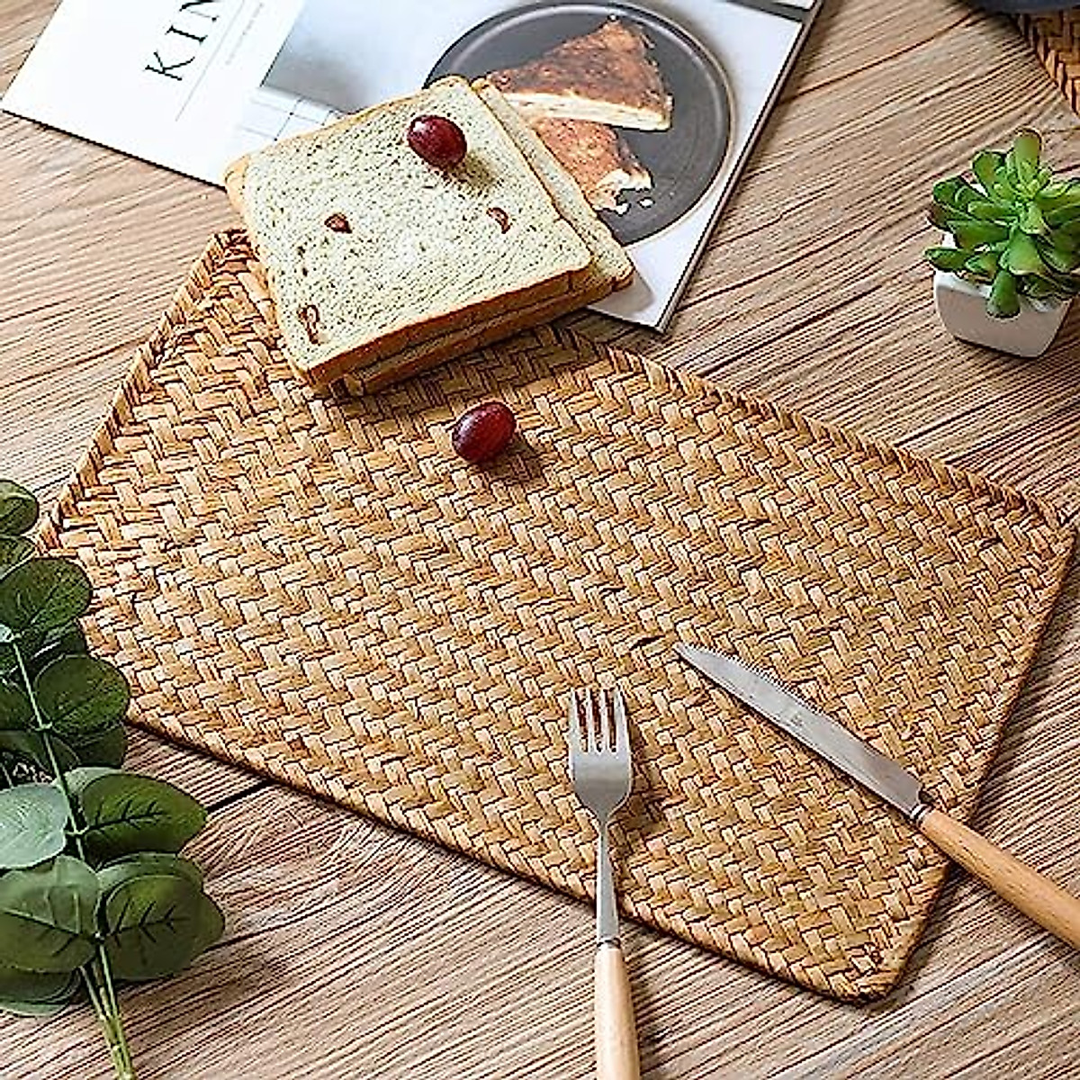 All Natural Handmade Woven Wood Kitchen Mat, Placemats Set of 6, Outdoor Rattan Seagrass, Eco-Friendly Wicker Bamboo Cork, Washable Non-Slip Jute Place Mats for Dining Table (17" x 12")