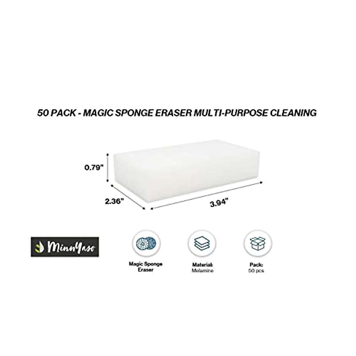 MinnYaso Magic Sponge Cleaning Eraser 3.94" x 2.36" x 0.79" | Multi-Purpose Household Cleaning | Magic Sponge Cleaning Eraser for Kitchen, Bathroom, Sink, Doors, Floors, Baseboard, Walls | 50 Pack