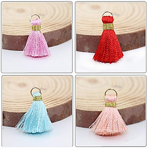 Makhry 50pc 0.8''(2cm) Mini Soft Handmade Silky Floss Tassel with Gold Gold Jump Ring for Woman Earrings, Jewelry Making, Souvenir, DIY Craft Accessory (50, Random)