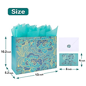 13" Large Rose Green Gift Bag Set with Greeting Card and Tissue Paper(Foil Traced Flowers) for Celebrating Birthdays, Valentine's Day, Weddings, Anniversaries, Mother's Day- 13”x5.2”x10.2”,1 Pcs.