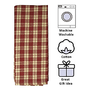 fillURbasket Burgundy Farmhouse Kitchen Towels Set of 3 Striped Buffalo Checked Plaid Dish Towels Red and Tan Towels for Decor Dishing Drying Cotton 15”x25”