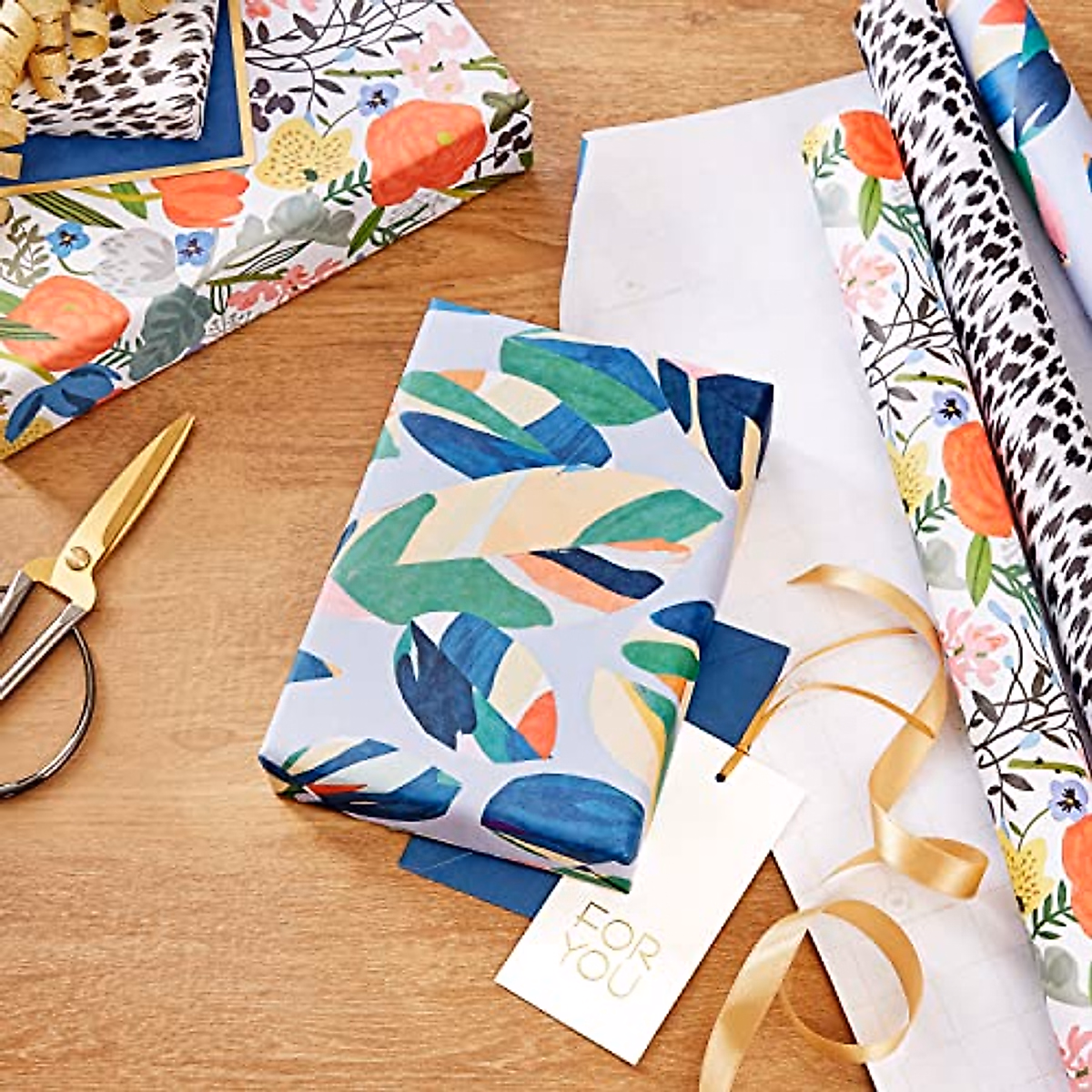 Hallmark Recycled Wrapping Paper with Cutlines on Reverse (3 Rolls: 60 Sq. Ft. Ttl) Modern Flowers, Teal Leaves, Black and White Abstract for Birthdays, Bridal Showers, Easter, Mother's Day