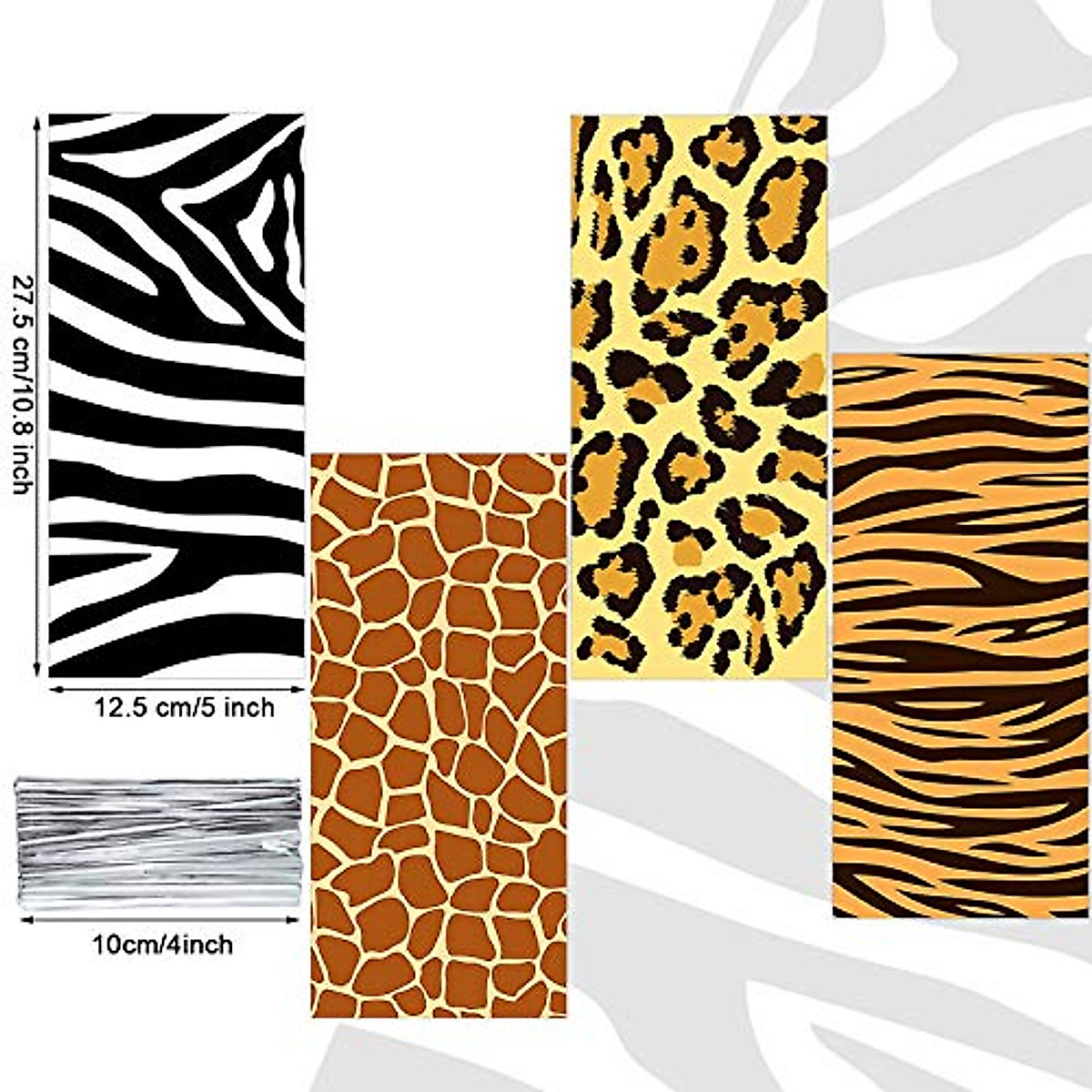 120 Pieces Jungle Animal Treat Bags, Wild Giraffe Cheetah Zebra Tiger Print Cellophane Plastic Candy Bags Goodie Favor Bags with 100 Silver Twist Ties for Jungle Safari Zoo Birthday Party Supplies