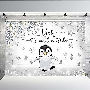 MEHOFOND 7x5ft Penguin Winter Baby Shower Backdrop Baby It's Cold Outside Background Silver Gliter Artic Animals Baby Shower Party Banner Decorations Photo Booth Props