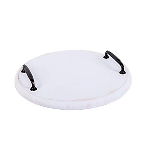 NIKKY HOME 11 Inch Rustic Wood Lazy Susan Turntable Serving Tray with Vintage Metal Handles Farmhouse Centerpiece Decor for Coffee Bar, Kitchen Counter, Dining Room Table, White