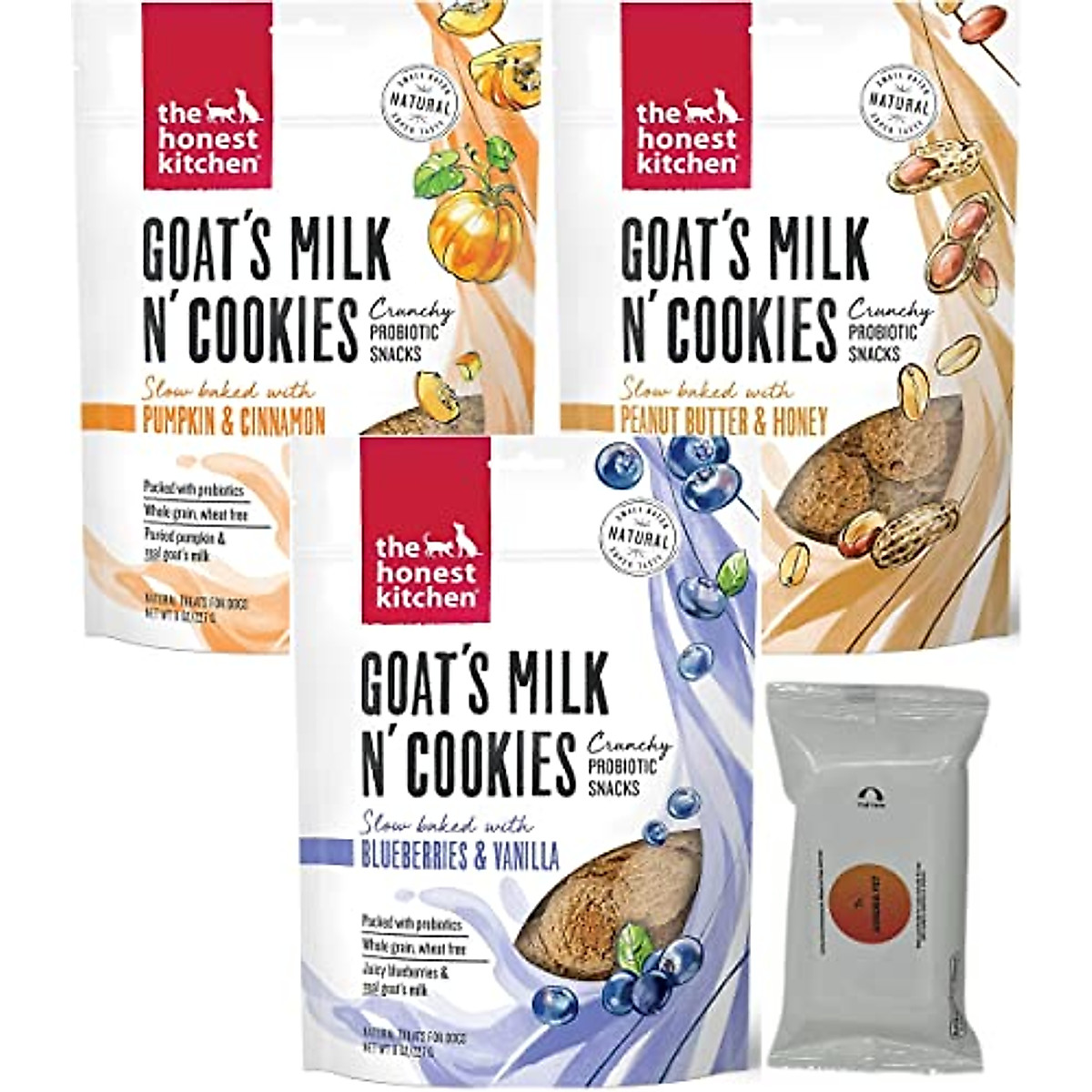 Aurora Pet Variety Pack (3) The Honest Kitchen Goat's Milk N' Cookies Slow Baked Dog Treats (1) Blueberries & Vanilla (1) Peanut Butter & Honey (1) Pumpkin Flavor (8-oz Each) with AuroraPet Wipes