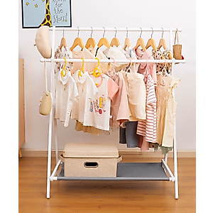 Cozivolife Kids Clothing Rack with 2 Hanging Rods and 4 Hooks, Kids Dress Up Rack with Bottom Storage Shelf, Child Garment Rack, Small and Foldable, Bamboo (White)