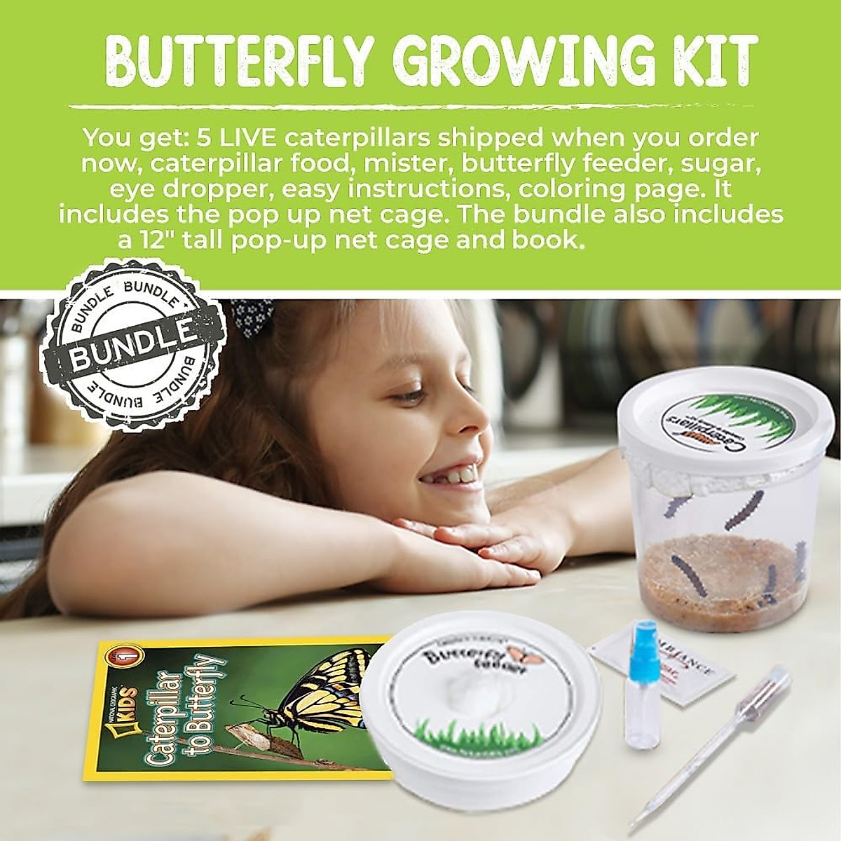 Live Butterfly Growing Complete Kit - Includes 5 Live Caterpillars - All-in-One Set with Net Cage, Food, and Rearing Supplies - Book Bundle