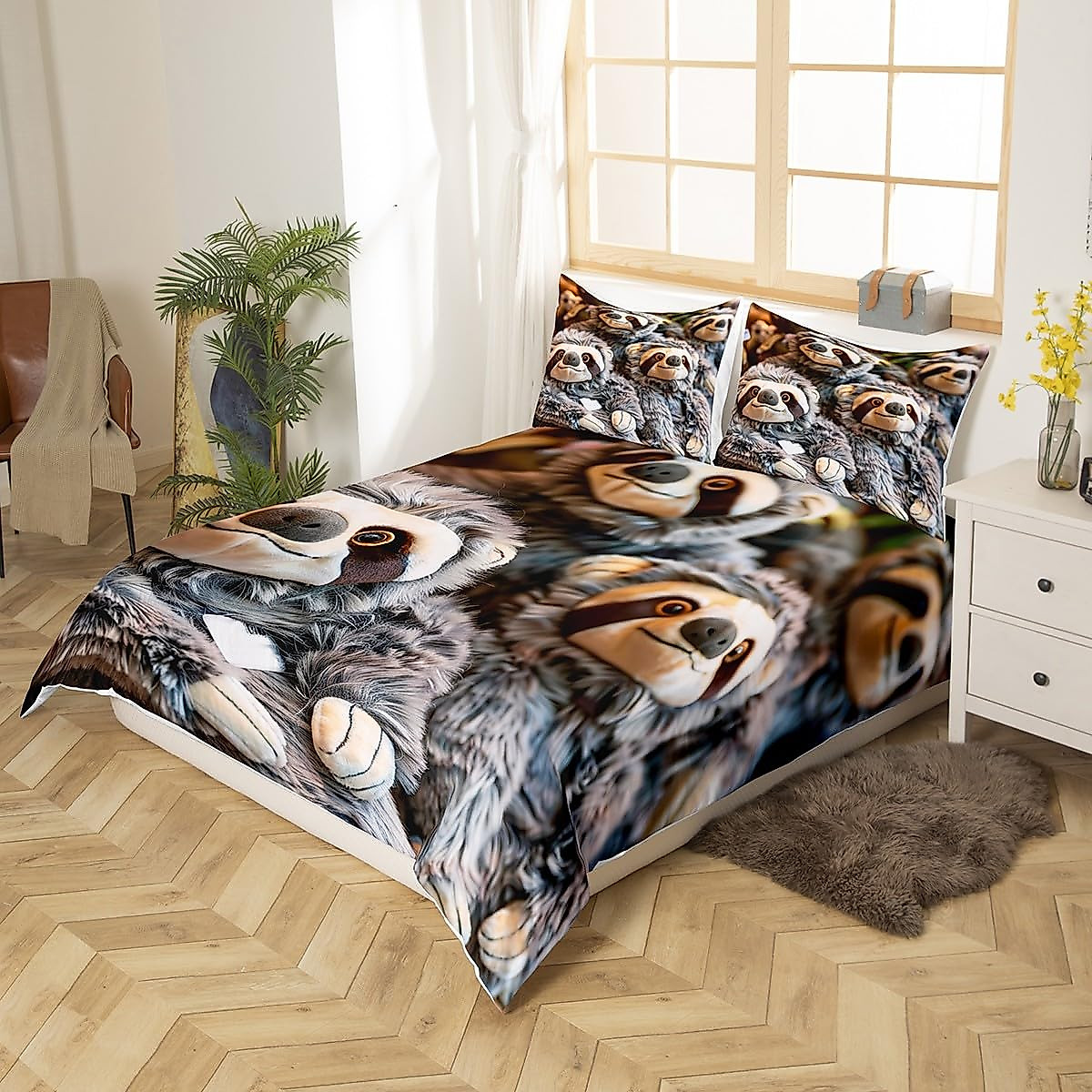 Feelyou Cute Sloth Bedding Set for Girls Boys Children Cartoon Animal Themed Comforter Cover Decorative Lazy Sloth Duvet Cover Funny Style Bedspread Cover Twin Size 2Pcs Bedclothes