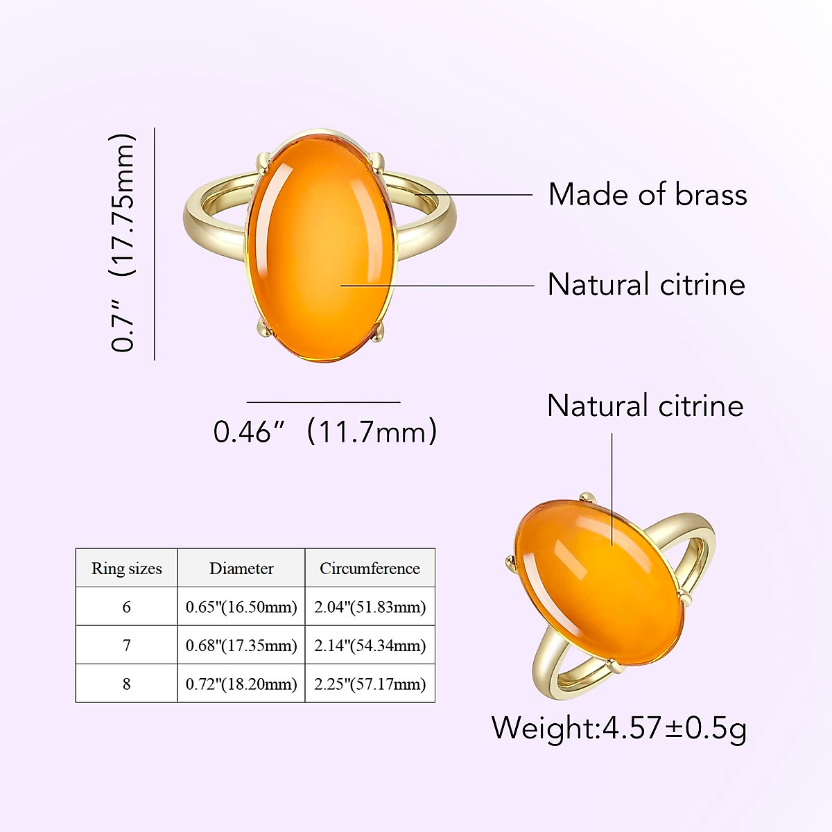 Jupiter Oval Natural Citrine Ring - 14k Gold Plated Oval Genuine Gemstone Women Ring, Natural Birthstone Oval Ring Jewelry Gifts for Valentine's Day, Mother's Day, Birthday Jewelry Gifts