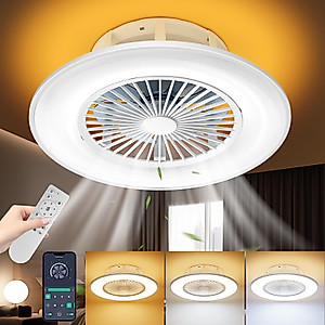 22 Inch Ceiling Fan with Lights Remote Control, Bladeless Bedroom Ceiling Fans with Lights Dimmable, 6 Speeds LED Ceiling Fan Quiet, Night Light/Color Temperature Adjustment/Timing Off/App Control