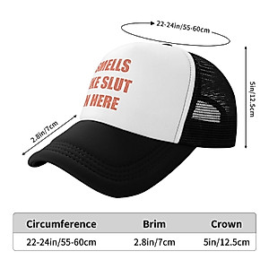 Smells Like Slut in HERE Funny Baseball Cap Adjustable Trucker Hats Sports Hat Men Women Funny Gift Mesh Fishing Cap Black