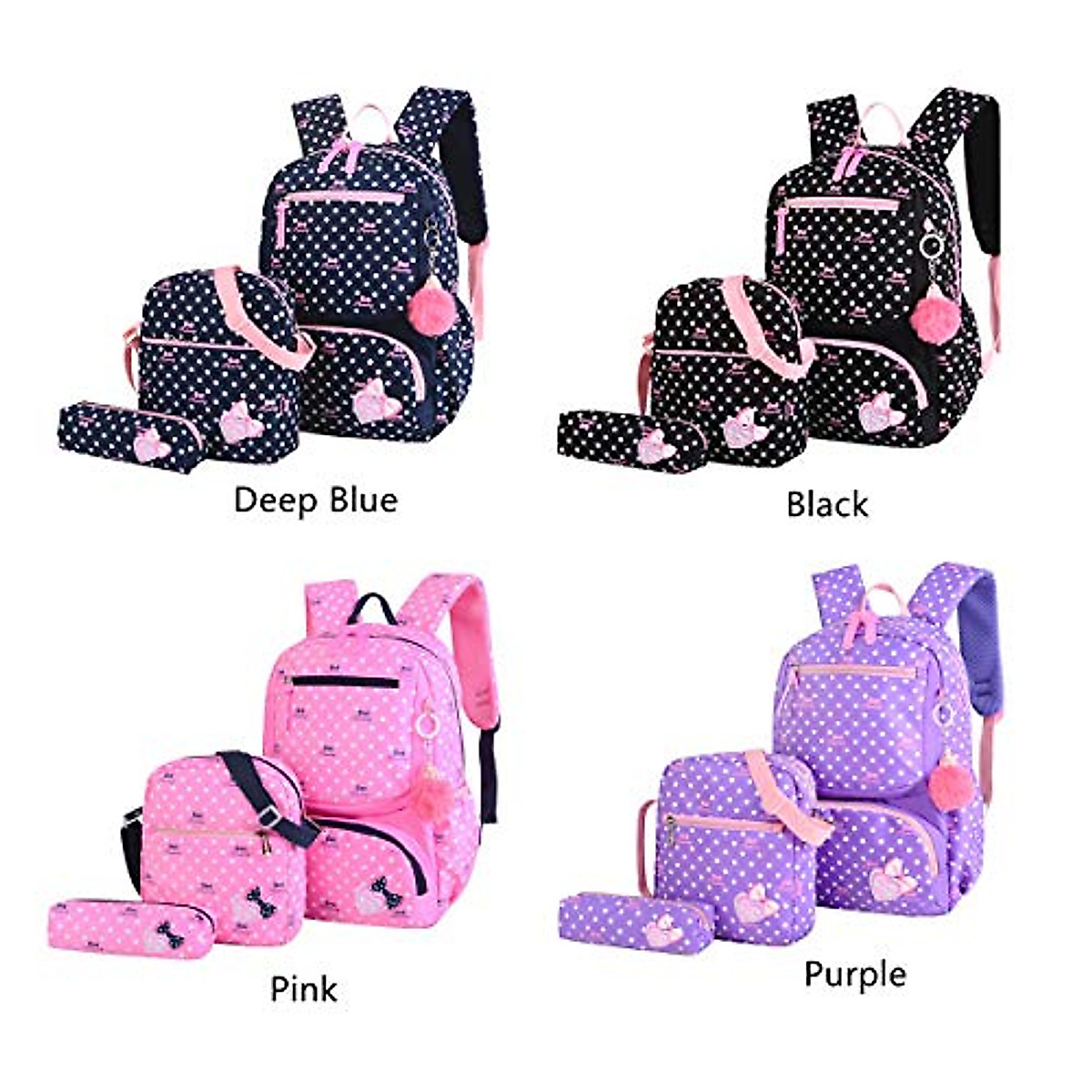 EKUIZAI 3Pcs Heart Prints Backpack Sets 3 in 1 Bowknot Primary Schoolbag Travel Daypack School Bag Kid Backpack for girls (Blue)
