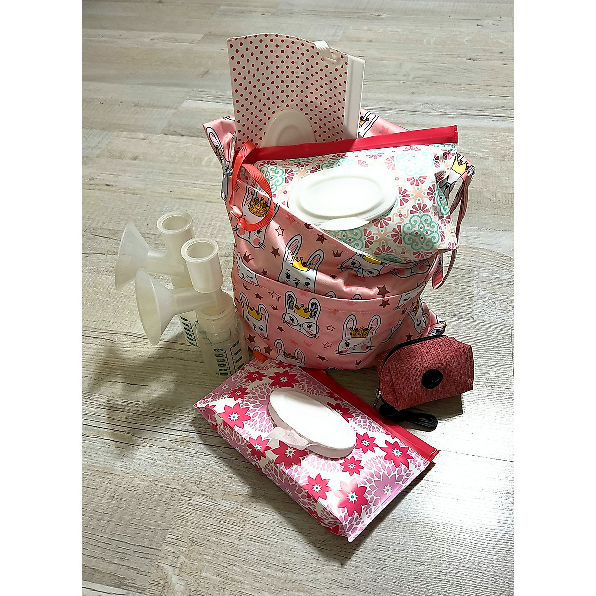 CasenBag Pink Wet and Dry Diapers Bag with Wet Wipes Cases KT-WDCB-008