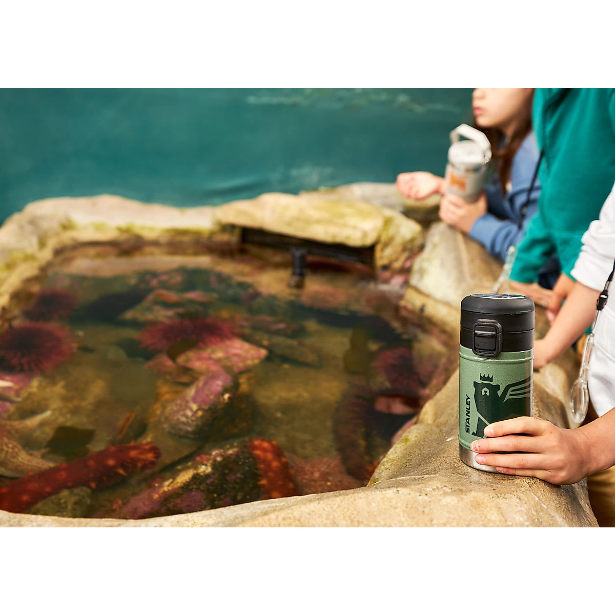 Stanley FlowSteady Bear Cub Bottle, 12oz, Stainless Steel Insulated Water Bottle for Kids (8 and Above) with 3 Interchangeable Metal Badges, Hammertone Green