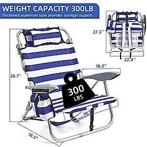 Canpsky Portable Beach Chair for Adults, 4 Position Backpack Folding Camping Chairs for Outdoor, Beach Chairs with Backpack Straps,Blue White…