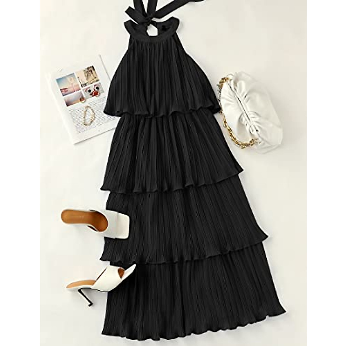 ZESICA Women's 2023 Summer Sleeveless Halter Neck Ruffle Tiered Layed Chiffon Flowy Swing Long Midi Dress,DarkBlack,Large
