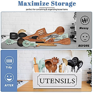 Anwelynd Large 4 Compartments Kitchen Utensil Holder for Countertop, Farmhouse Wood Utensil Caddy Utensil Crock, Rustic Utensil Organizer for Kitchen Counter Cooking Tools Storage Holder
